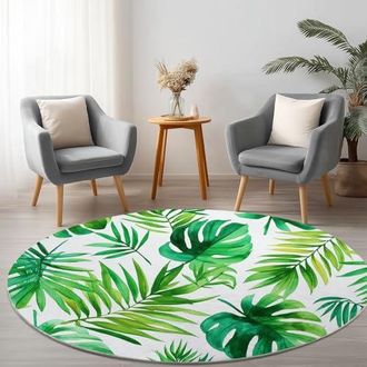 Generic Vert Olive Tapis Minimalist Rond Antid&eacute;rapant, Aquarelle Feuilles Tropicales Motif Doux Tapis Poils Courts pour Salon Couloir Chambre Cuisine Descente
