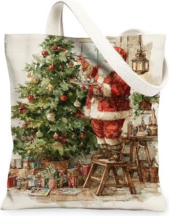 Generic Sacs fourre-tout en toile de No&euml;l, motif P&egrave;re No&euml;l festif, sacs de courses r&eacute;utilisables, motif vacances vintage, toile l&eacute;g&egrave;re et lavable pour cadeau,