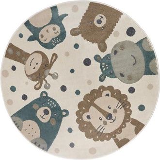 Hanse Home Adventures Kinderteppich Rund - Tiere Muster L&ouml;we B&auml;r Teppich Junge M&auml;dchen f&uuml;r Kinderzimmer, Spielzimmer, Jugendzimmer, Wohnzimmer - Creme Braun Blau