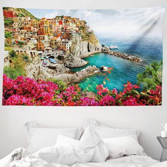 Abakuhaus Italien Wandteppich und Tagesdecke, Cinque Terre Strandküste, aus Weiches Mikrofaser Stoff Kein Verblassen Klare Farben Waschbar, 230 x 140 cm, Mehrfa