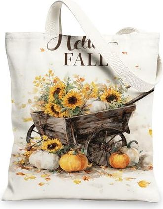 Generic Sacs fourre-tout en toile à motif floral dautomne, sacs dépicerie réutilisables, légers et lavables avec bandoulière pour salle de sport, voyage, plag