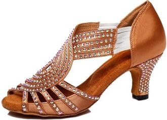 MGM-Joymod Sandales de danse latine moderne à bout ouvert avec strass étincelants pour femme, Talon marron de 6 cm., 40 EU