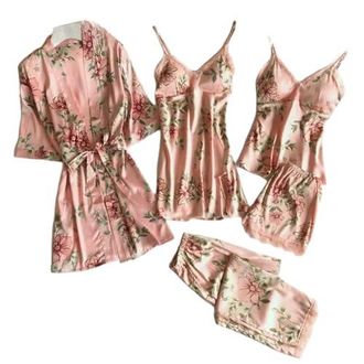 Generic YUJIEBB Ensemble de pyjama 5 pi&egrave;ces en satin pour femme en dentelle patchwork bril v&ecirc;tements de nuit de mariage rayonne v&ecirc;tements de nuit et robe de n