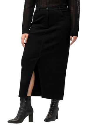Ulla Popken Damen gro&szlig;e Gr&ouml;&szlig;en &Uuml;bergr&ouml;&szlig;en Plus Size Jeans-Midirock, Saumschlitz, Komfortbund Black 50 825156133-50