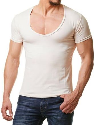 ReRock T-shirt RR-1315 pour homme Young & Rich 1315 avec col en V profond - Couleur unie - Tailles S à 3XL, beige, XXL