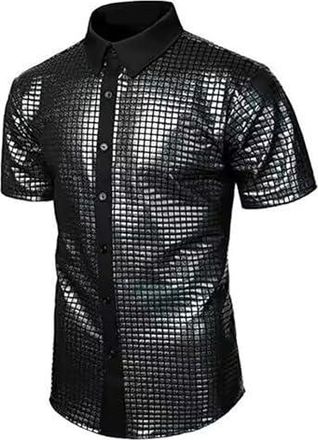 Generico Chemise disco pour homme avec paillettes D&eacute;guisement de f&ecirc;te &agrave; manches courtes pour Rave f&ecirc;te &agrave; th&egrave;me carnaval D&eacute;guisement de f&ecirc;te disco des ann&eacute;es 70
