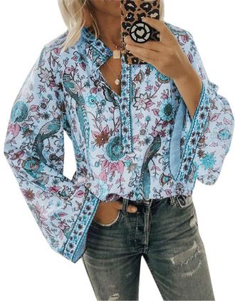 ORANDESIGNE Damen Vintage Bohemian Blusen Hippie Blumen Bluse Boho Tunika Elegante Oberteile Tops Langarm Shirt A Blau XXL