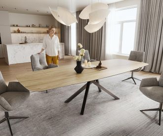 DELIFE Esstisch Edge Boot 200-300x120 cm Keramik Laminam Sabbia Eichefarbig Kreuzgestell Rechteck Edelstahl Graphit ausziehbar, Esstische