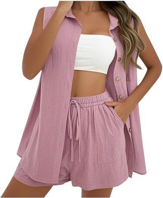 Generic 2026 Vestes pour femmes et filles Tenues deux pi&egrave;ces avec col &agrave; revers sans manches et short &agrave; jambes larges &agrave; ceinture, rose, XXL