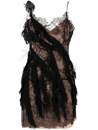 Alberta Ferretti robe courte en soie &agrave; d&eacute;tails de plumes - Noir