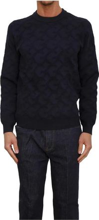 Guess Homme, Pulls, Bleu, Taille: M Embossed Jacquard Logo Sweater