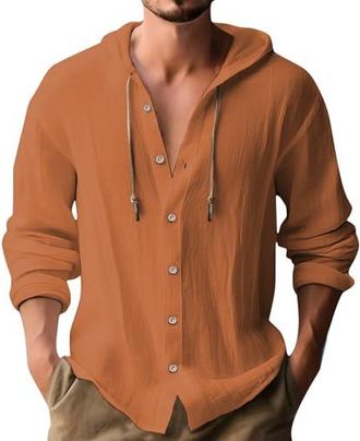 Generic Chemise en lin pour homme - Coton et lin - Sweat &agrave; capuche - Manches longues - Chemise d&eacute;t&eacute; &agrave; manches longues avec capuche - Boutonni&egrave;re - Couleur uni