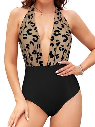 SHEKINI Damen Einteiliger Badeanzug Rückenfrei Monokini Bademode Verstellbar Neckholder Tiefen V Ausschnitt Strandmode (Schwarz/Leopard, XXL)