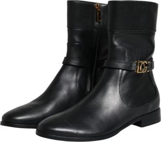Dolce & Gabbana Femme, Chaussures, Noir, Taille: 37 1/2 EU Bottes Mi-Mollet en Cuir Noir Femme