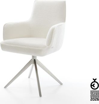 DELIFE Drehstuhl Heira-Flex mit Armlehnen Boucl&eacute; Soft Beige Kreuzgestell breit Edelstahl 360&deg; drehbar Wippfunktion Taschenfederkern, Esszimmerst&uuml;hle
