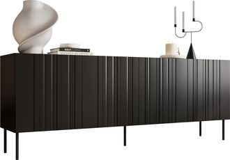 Mirjan24 Kommode Intori 200 4D mit 4 Türen, innen 6 Fächer, Gefräst Fronten, Metallfüße, Push to Open, Türkommode, Highboard, Anrichte, Sideboard (Schwarz)