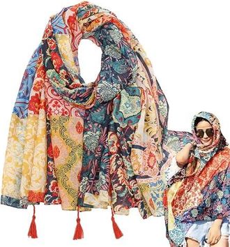 Generic Écharpe bohème en patchwork - Écharpe bohème à pompons vibrants | Châle confortable pour lautomne et lhiver pour la plage, le bord de la piscine, les 