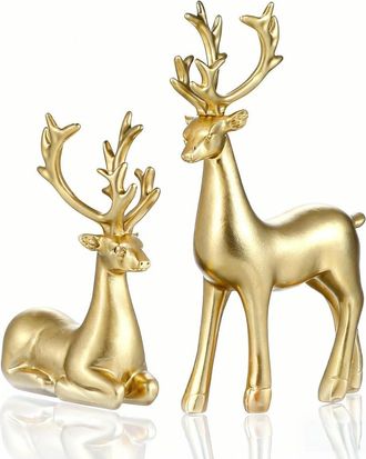 Angoily 2 St&uuml;ck Hirsch Deko Desktop Ornament - Weihnachts Rentier Figuren Golden Resin Elch Rentier Figur Dekoration f&uuml;r Weihnachtsdekoration Wohnaccessoires