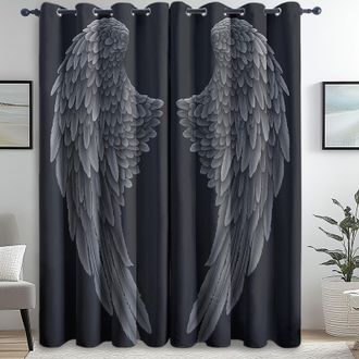 Generic Blickdichte Vorh&auml;nge H215 X B110 cm (2Er Pack) Fl&uuml;gel Engel Symmetrie Grau Schwarzmit &Ouml;sen - Schiebevorh&auml;nge Zur Verdunkelung F&uuml;r Wohnzimmer & Schlafz