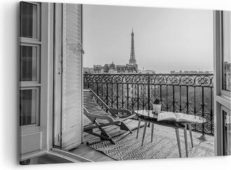 Arttor Bilder auf Leinwand 100x70cm Leinwandbild Schwarzweiß Paris Balkon Groß Wanddeko Bild Schlafzimmer Küche Deko Wandbilder Dekoration Wohnzimmer Wall De