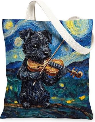Generic Sac fourre-tout en toile r&eacute;utilisable pour le shopping Motif chien terrier &eacute;cossais 33 x 38 cm, motif violon nocturne &eacute;toil&eacute;, sac d&eacute;picerie pour femme