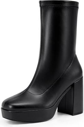 Dream Pairs Bottines Gogo mi-mollet pour femme avec talon haut et épais et bout carré, Polyuréthane noir., 37.5 EU
