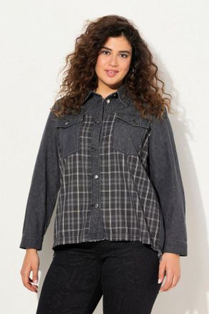 Ulla Popken Longbluse Jeanshemd Flanell-Einsatz Hemdkragen Fransen