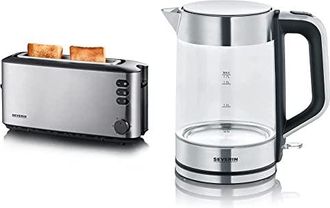 Severin 3420-000 WK 3420 Wasserkocher, 2200, 1.7 liters, Glas-Edelstahl-gebürstet/schwarz & Automatik-Langschlitztoaster, 1.000 W, Edelstahl-gebürstet/schwarz