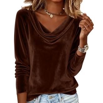 Minetom Haut &Agrave; Manches Longues en Velours pour Femmes Sexy Col B&eacute;nitier Tops T-Shirt Chemisier &Eacute;l&eacute;gant Pullover Blouse Mode D&eacute;contract&eacute; A Marron Fonc&eacute; XS