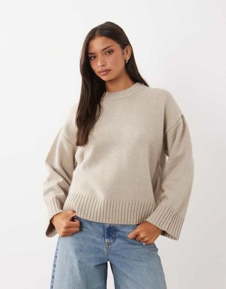 Gina Tricot Gina Tricot Strickpullover mit Rundhalsausschnitt und weiten &Auml;rmeln in Beige-Neutral