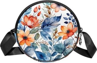 Generic Sac &agrave; bandouli&egrave;re rond pour femme, motif fleurs et feuilles, sac &agrave; dos avec fermeture &eacute;clair, bretelles r&eacute;glables, sac &agrave; main rond d&eacute;contract&eacute; pour fe