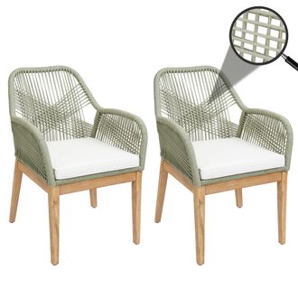 Mendler 2er-Set Gartenstuhl HWC-H56b, Sessel Outdoor, wetterfest Seilgeflecht Rope Holz Akazie - gr&uuml;n Kissen Creme