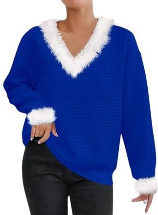 Generic Pull à col en V pour femme - Haut à manches longues pour femme - Pull de Noël basique pour femme - Pull de Noël de couleur unie - Pull dhiver à manche