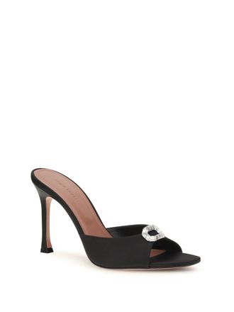 Amina Muaddi Womens Camelia Mule Sandals Black Satin+white Crystal Silk Buckle High Heel Shoes