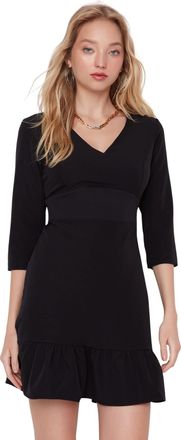 Trendyol Trendyol Damen Regular Gerüschter Saum V-Ausschnitt Webstoff Kleid, Schwarz, 42 EU