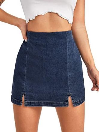 Floerns Jupe courte en jean taille haute pour femme, Bleu fonc&eacute;, Taille S