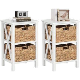 Costway Table de Chevet 3 Niveaux, Table de Nuit avec 2 Paniers en Herbe Marine, Design x, Table dAppoint avec Pieds en Bois dAcacia pour Chambre, Salon