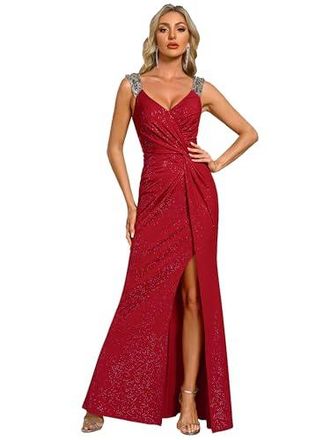 Ever-pretty Robe de Soir&eacute;e Femme Longue Moulante Fendu Col V Plis Bandouli&egrave;re &agrave; Sequins Haute &Eacute;lasticit&eacute; Rouge 38