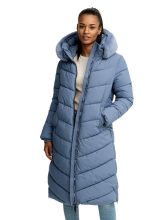 Tazzio Damen Wintermantel mit Kapuze - Winter Mantel, Chevron-Steppmantel in Wadenl&auml;nge F801 (Indigo, M)