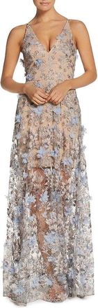 Dress The Population Damen Sidney 3d Floral Plungin Long Illusion Gown Kleid, Sidney Mineral Blue, L EU