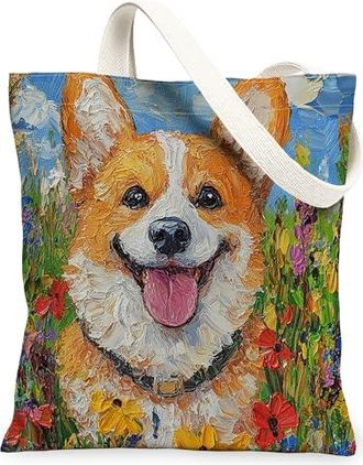 Generic Spring Corgi Sac fourre-tout en toile pour faire du shopping 33 x 38,1 cm, sac d&eacute;picerie r&eacute;utilisable pour femme, peinture &agrave; lhuile pour animal domest