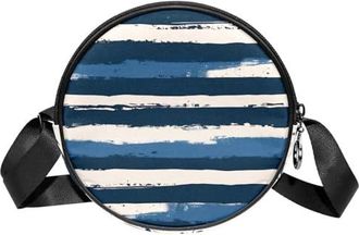Generic Petit sac &agrave; bandouli&egrave;re rond pour femme, &agrave; rayures bleues, avec fermeture &eacute;clair, bretelles r&eacute;glables, sac &agrave; main rond d&eacute;contract&eacute; pour femmes et fill