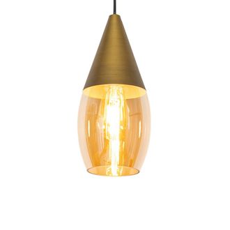 QAZQA Moderne H&auml;ngelampe I Pendellampe I Pendelleuchte Gold I Messing mit bernsteinfarbenem Glas - Drop I Wohnzimmer I Schlafzimmer - Oval - LED geeignet E2
