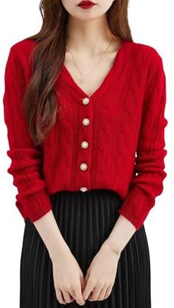 Generic Y2k Cardigan dhiver en laine m&eacute;rinos pour femme avec col en V et tricot doux, Rouge, Taille L