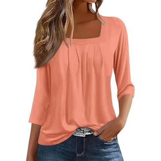 Generic CGGMVCG T-Shirt pour Femme &agrave; Manches 3/4 et col carr&eacute;, Couleur Unie, Haut pliss&eacute; d&eacute;contract&eacute; pour Femme, Tendance, Rose, M