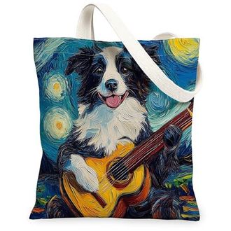 Generic Sac fourre-tout en toile motif Border Collie pour faire du shopping, 33 x 38,1 cm, motif guitare de nuit &eacute;toil&eacute;e, sac d&eacute;picerie r&eacute;utilisable, sac &agrave; ba