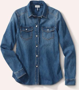 Walbusch Jeansbluse Damen Power Stretch Jeansbluse Langarm pflegeleicht Elastisch, atmungsaktiver Baumwoll-Denim, Metallkn&ouml;pfe, Brusttaschen