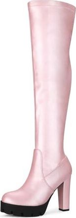 Allegra K Femmes Talons Plateforme Talon Chunky sur Bottes Hauteur Genou Rose Scintillant 38