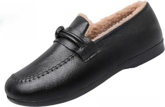Generic Chaussures plates en cuir confortables et chaudes pour femme, mocassins dhiver duveteux, chaussons légers pour intérieur et extérieur, Noir, 39.5 EU