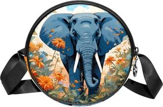 Generic Petit sac &agrave; bandouli&egrave;re rond pour femme, motif &eacute;l&eacute;phant, fleur d&eacute;l&eacute;phant avec fermeture &eacute;clair, bretelles r&eacute;glables, sac &agrave; main rond d&eacute;contract&eacute; pour 